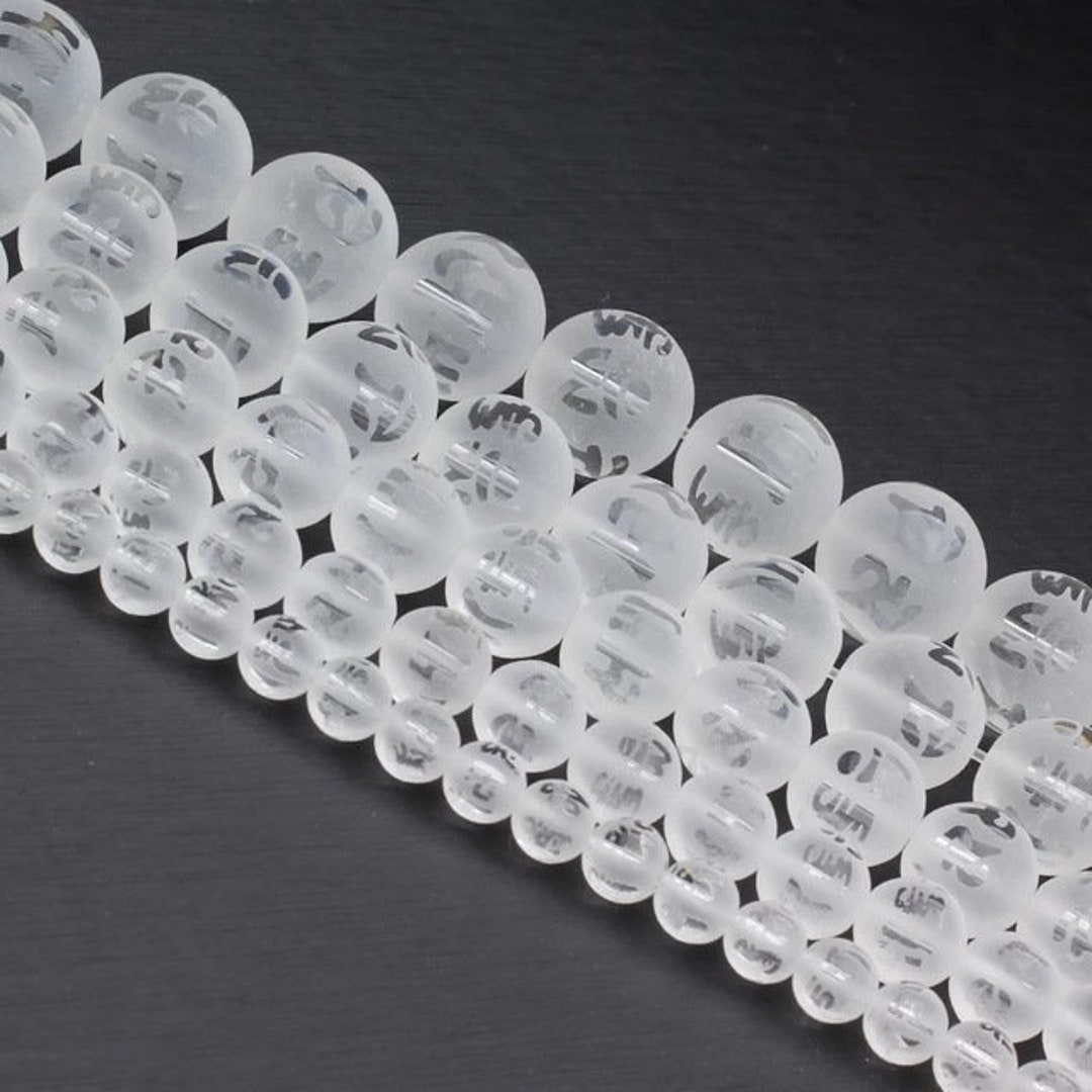 Natural Carved Frosted Whtie Quartz OM Mani Padme Hum Round Gemstone ...