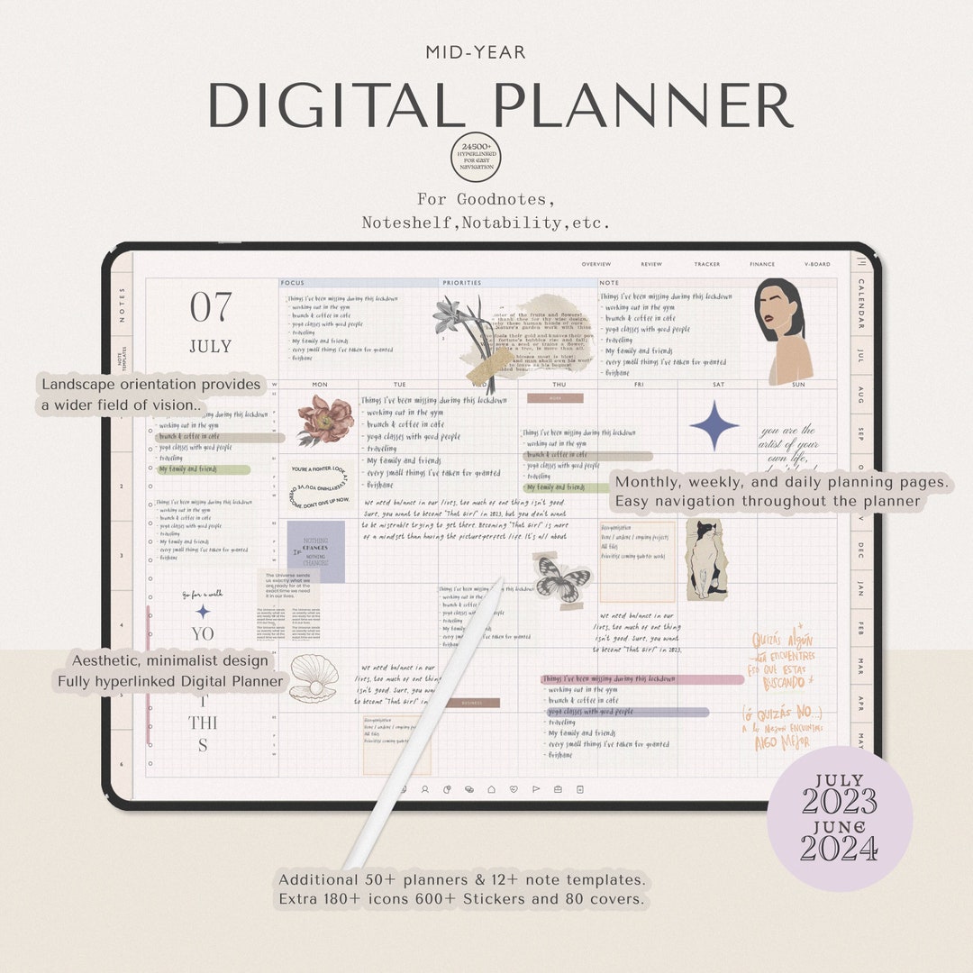 Mid Year 2023 2024 Digital Planner, Minimalist iPad Planner, Goodnotes ...