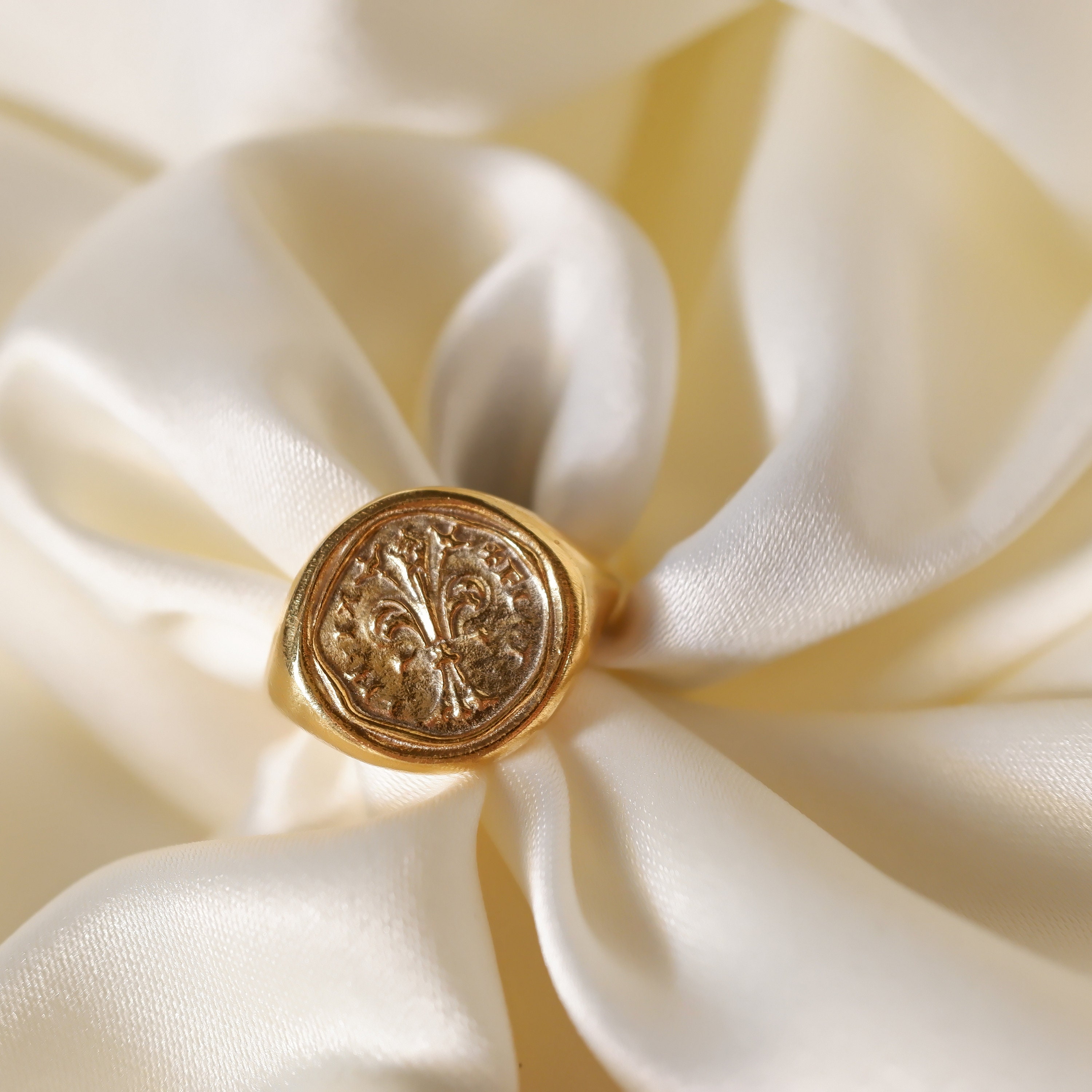 Signet Ring Fiorino Florentine Lily in 925 Sterling Silver, Burnished ...