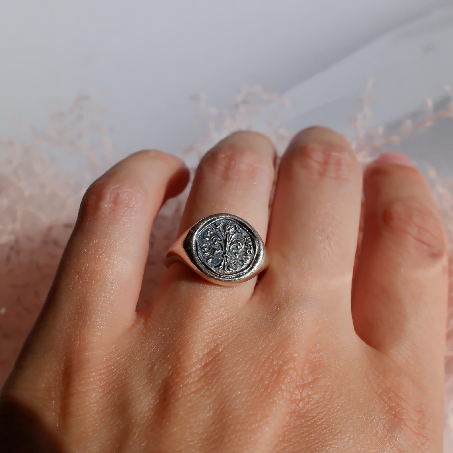 Signet Ring Fiorino Florentine Lily in 925 Sterling Silver, Burnished ...