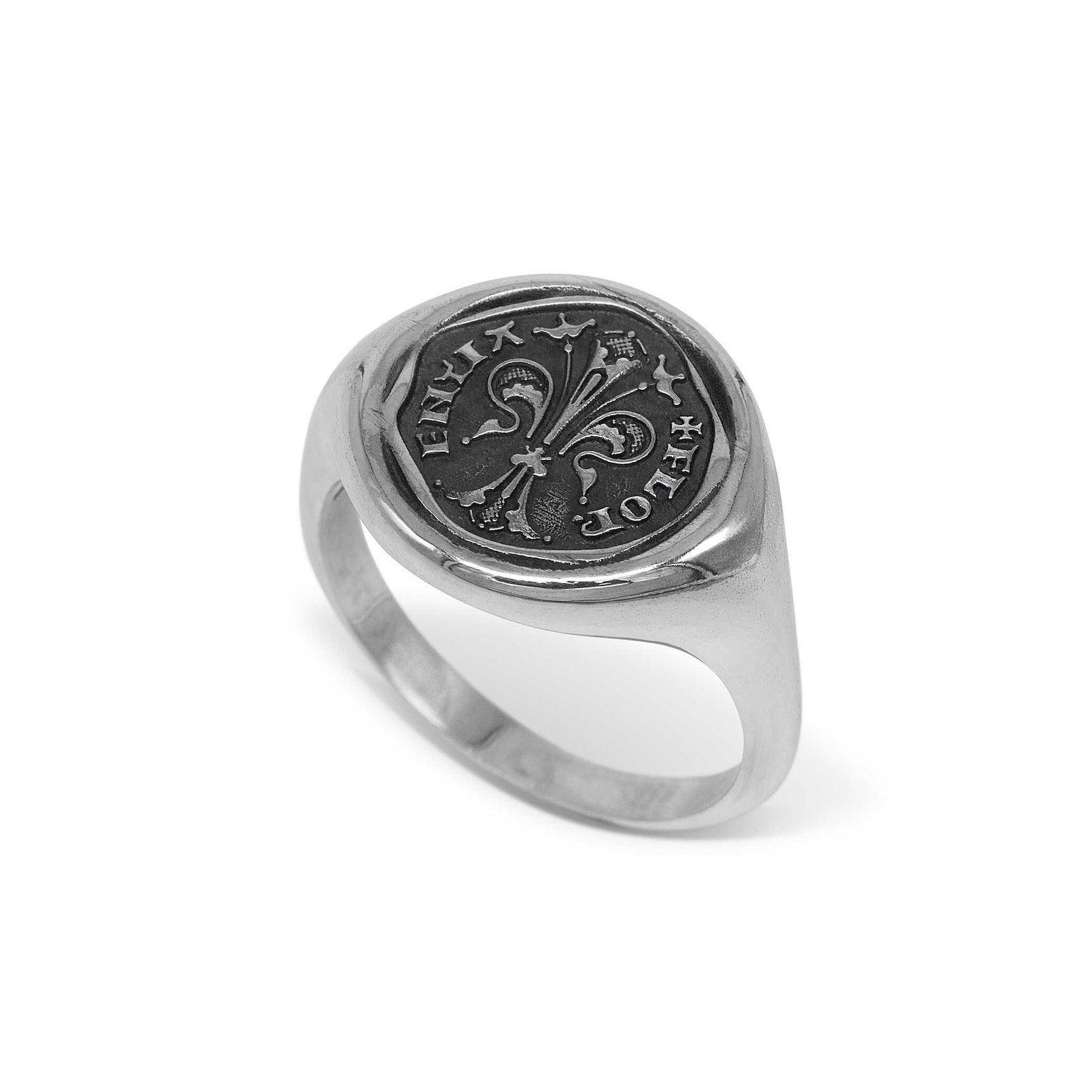Signet Ring Fiorino Florentine Lily in 925 Sterling Silver, Burnished ...