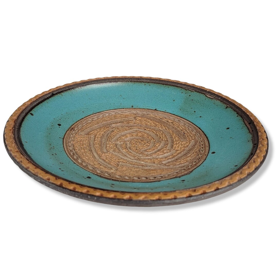 Mid Century Turquoise Ceramic Plate: Brutalist Incised Studio Art - Etsy