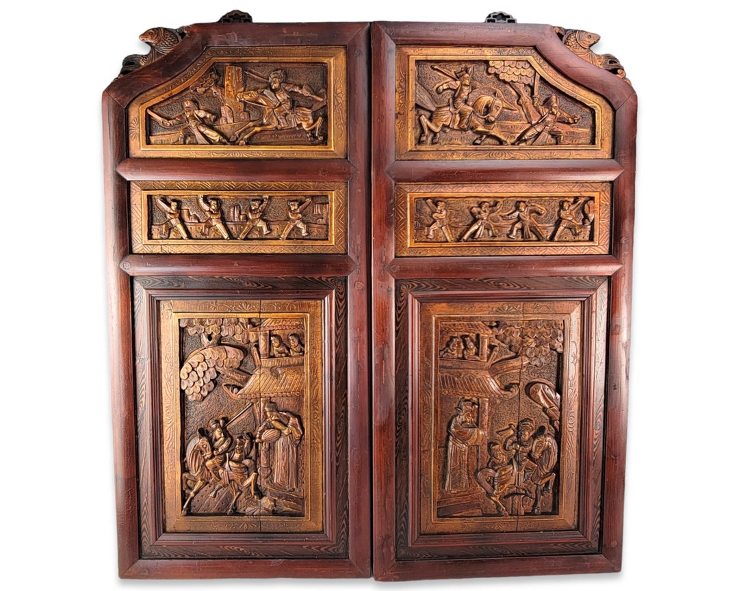 Vintage Chinese Carved Wood Wall Panel: Lacquer Chinoiserie Art, 33" - Etsy