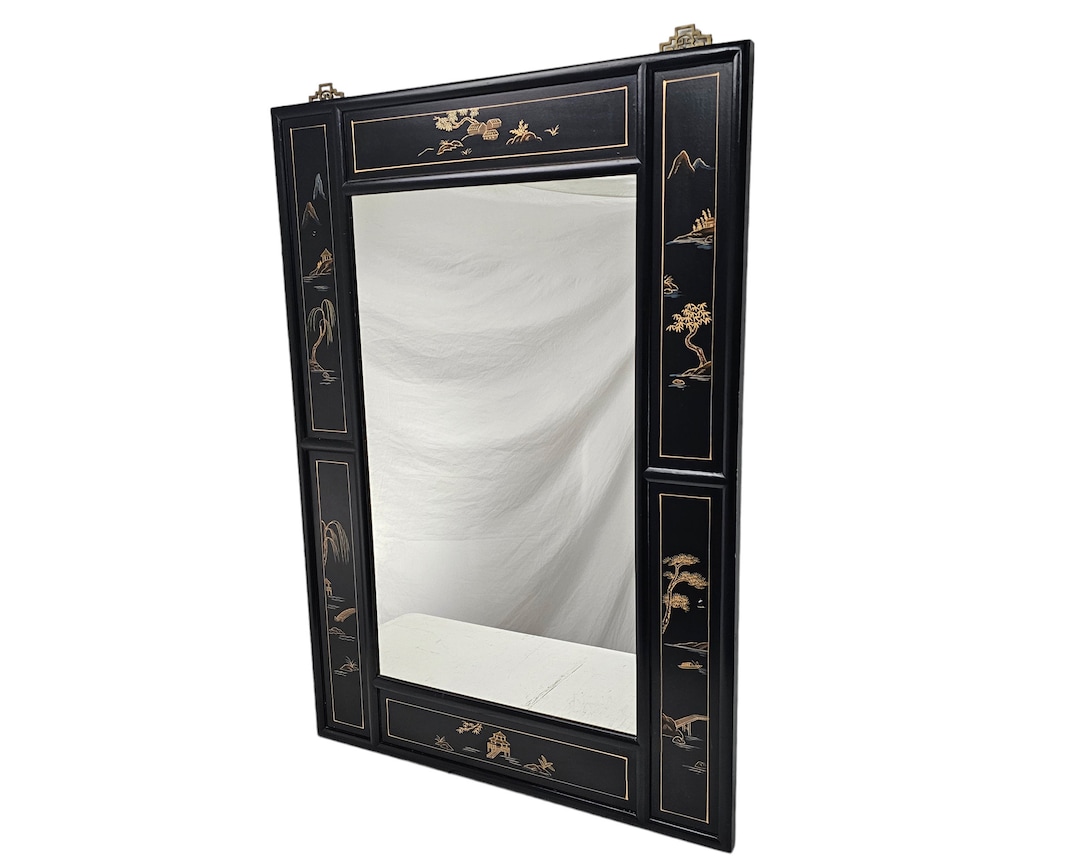Antique Asian Mirror, Black Lacquer Wood Mirror, Wall Mirror, 40 H ...