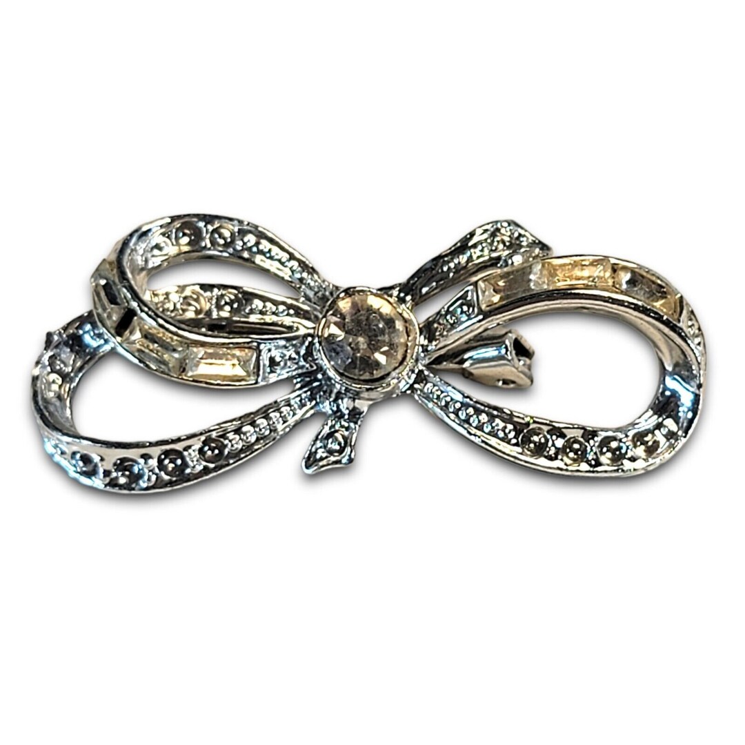 Vintage Silver Bow Brooch, Tied Ribbon Brooch, Rhinestone Brooch ...