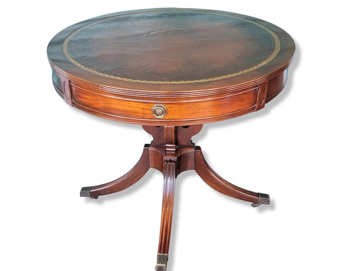 Vintage Federal Style Drum Table, Mahogany Leather Top Table, Fiddle ...