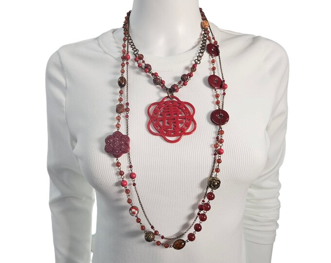Vintage Chinese Set of Two Necklaces Red Bronze Chinoiserie 36" - Etsy