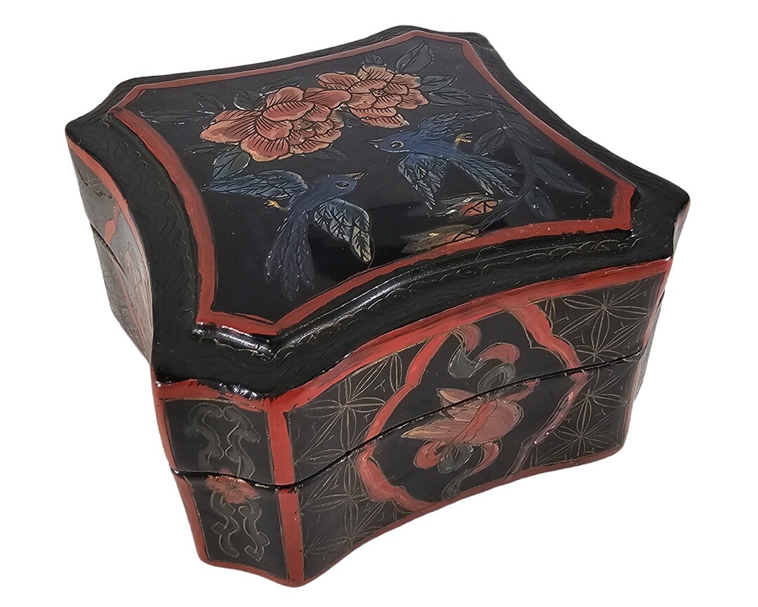 Vintage Chinese Box, Black Lacquer Box, Floral Box, Love Birds Design ...