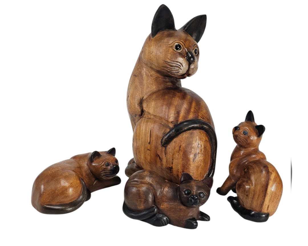 Vintage Carved Wood Siamese Cat and Kittens Set of 4 Primitive Folk Art ...
