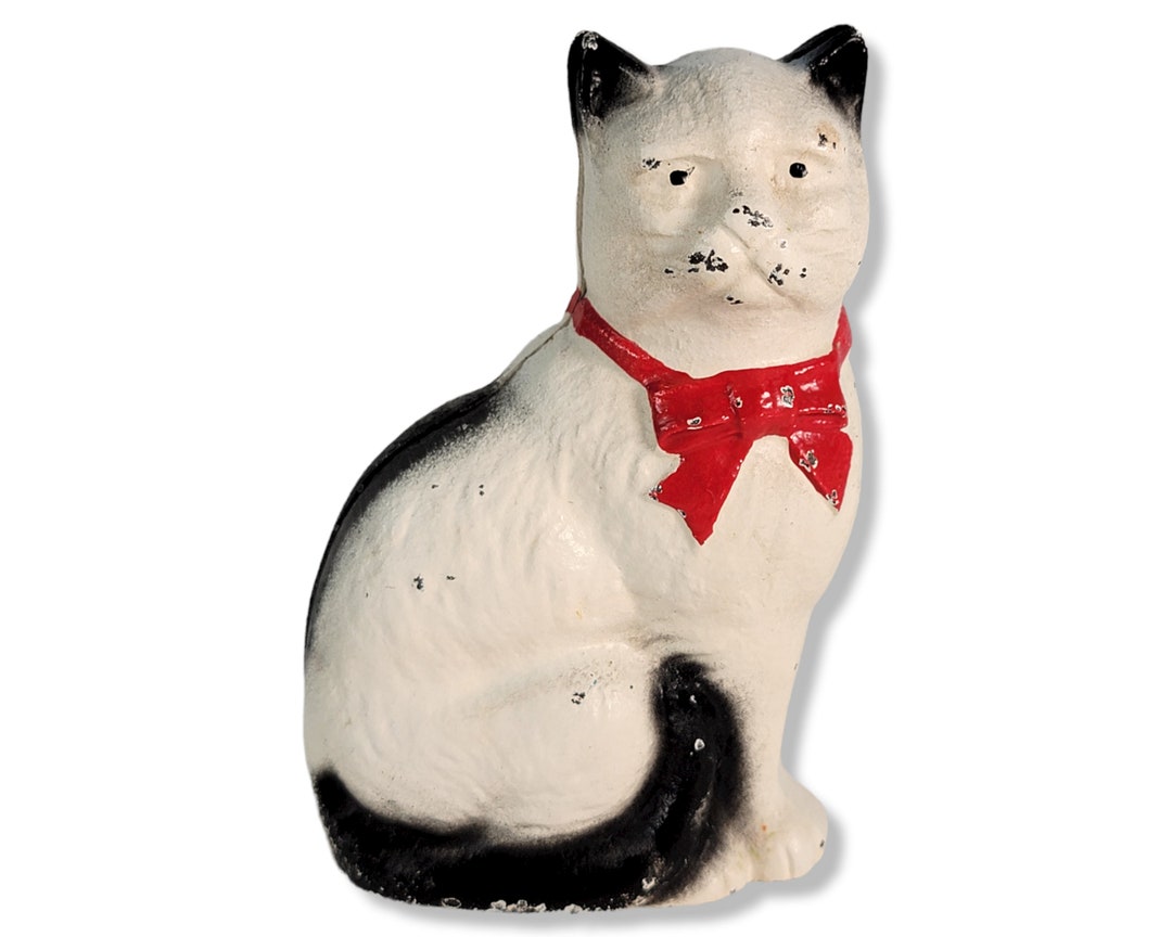 Vintage Cast Iron Cat Bank Kitty, Red Bow Cat, John Wright Kitty Bank ...