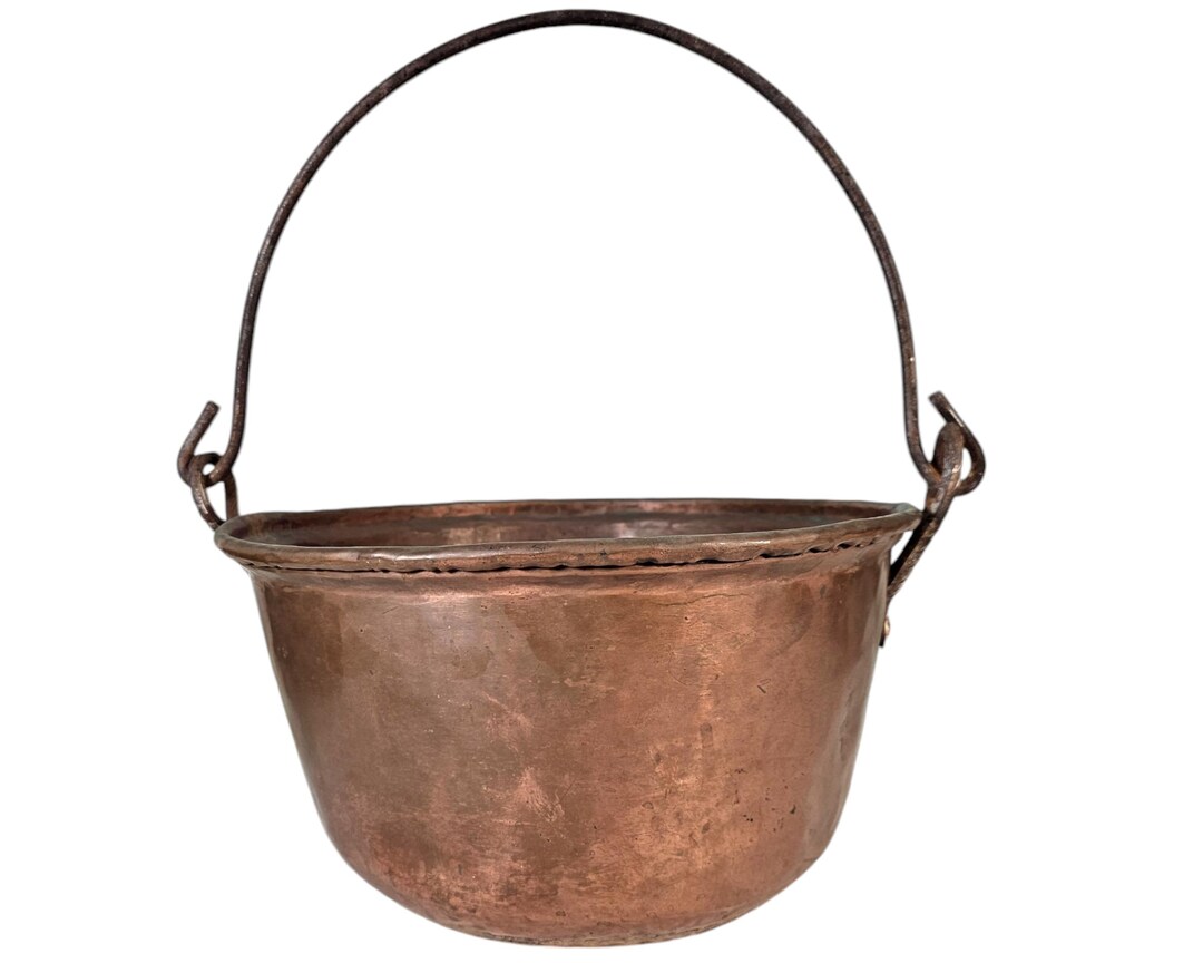 Antique French Copper Chaudron Hand Wrought Iron Handle Caldron 14.75 ...