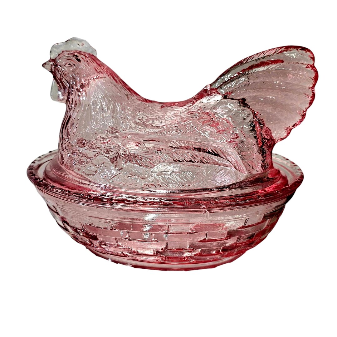 Longaberger Co. Candy Dish, Rose Pink Glass Dish, Chicken Hen on A Nest ...
