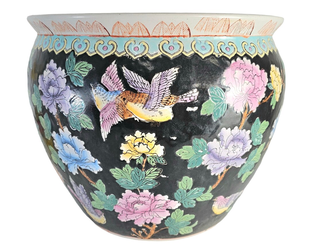 Vintage Chinese Planter, Large Fish Bowl, Peony Birds Design Planter ...