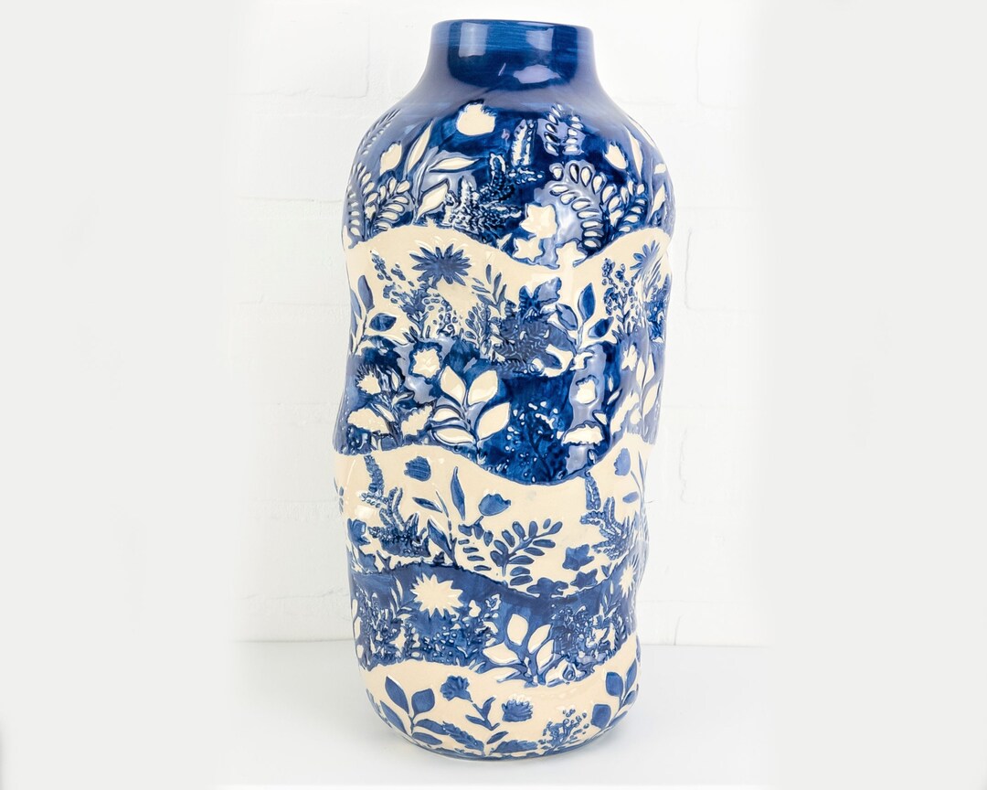 Vintage Free Form Vase by Three Hands, Cobalt Blue and White Vase ...