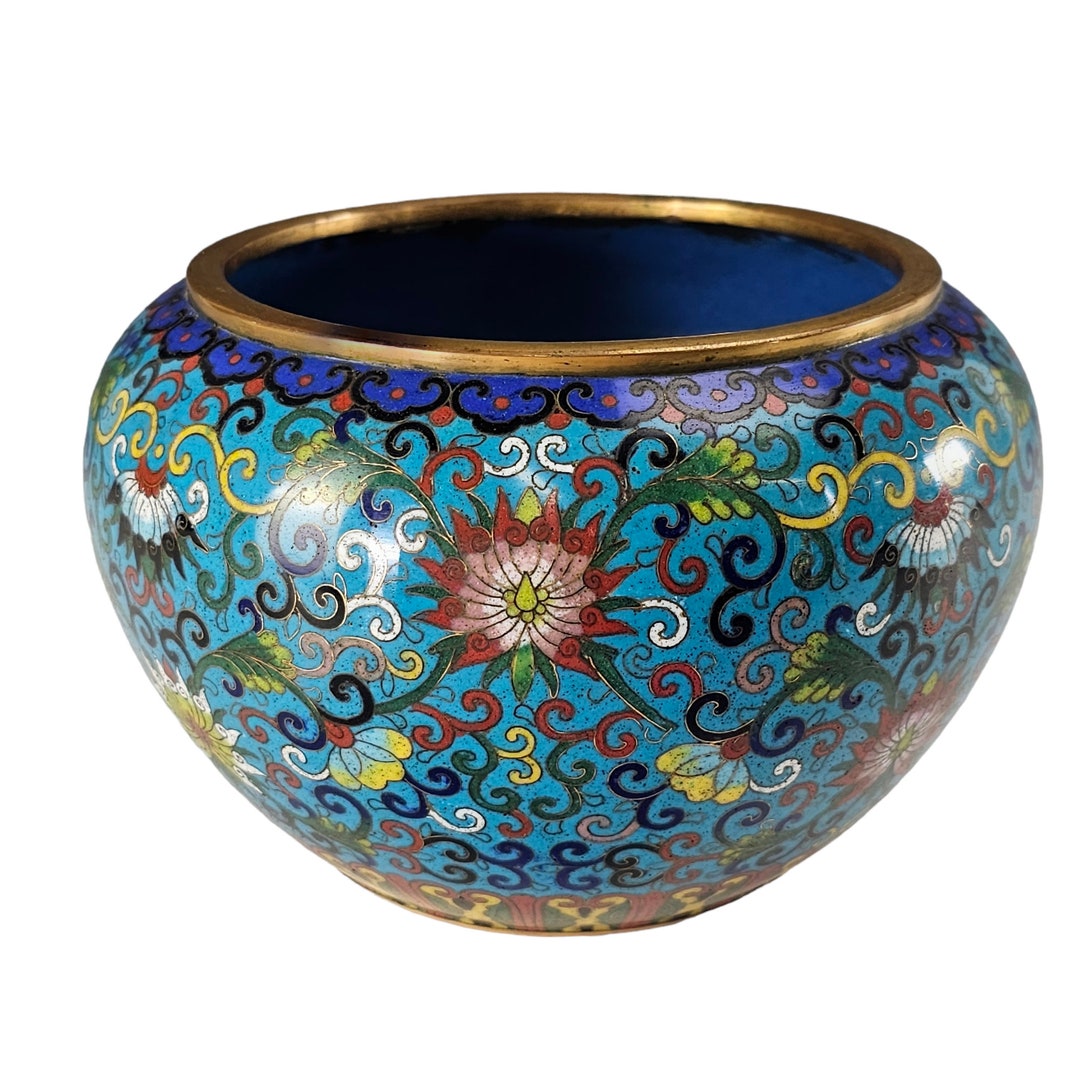 Vintage Turquoise Vase, Cloisonné Jar, Floral Brass Vase, Enamel Vase ...
