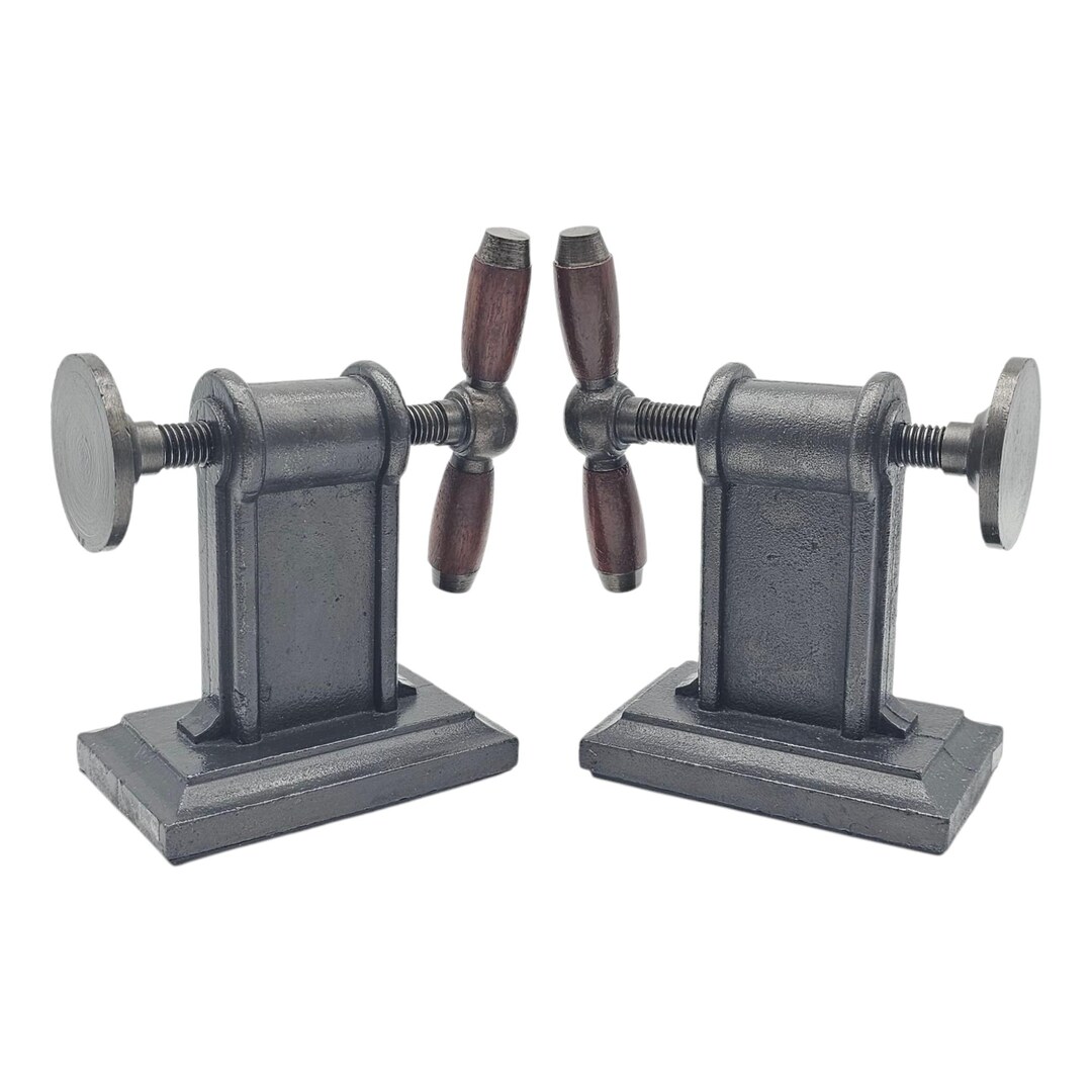 Industrial Cast Iron Vise Screw Bookends With Wood Handles – Heavy ...