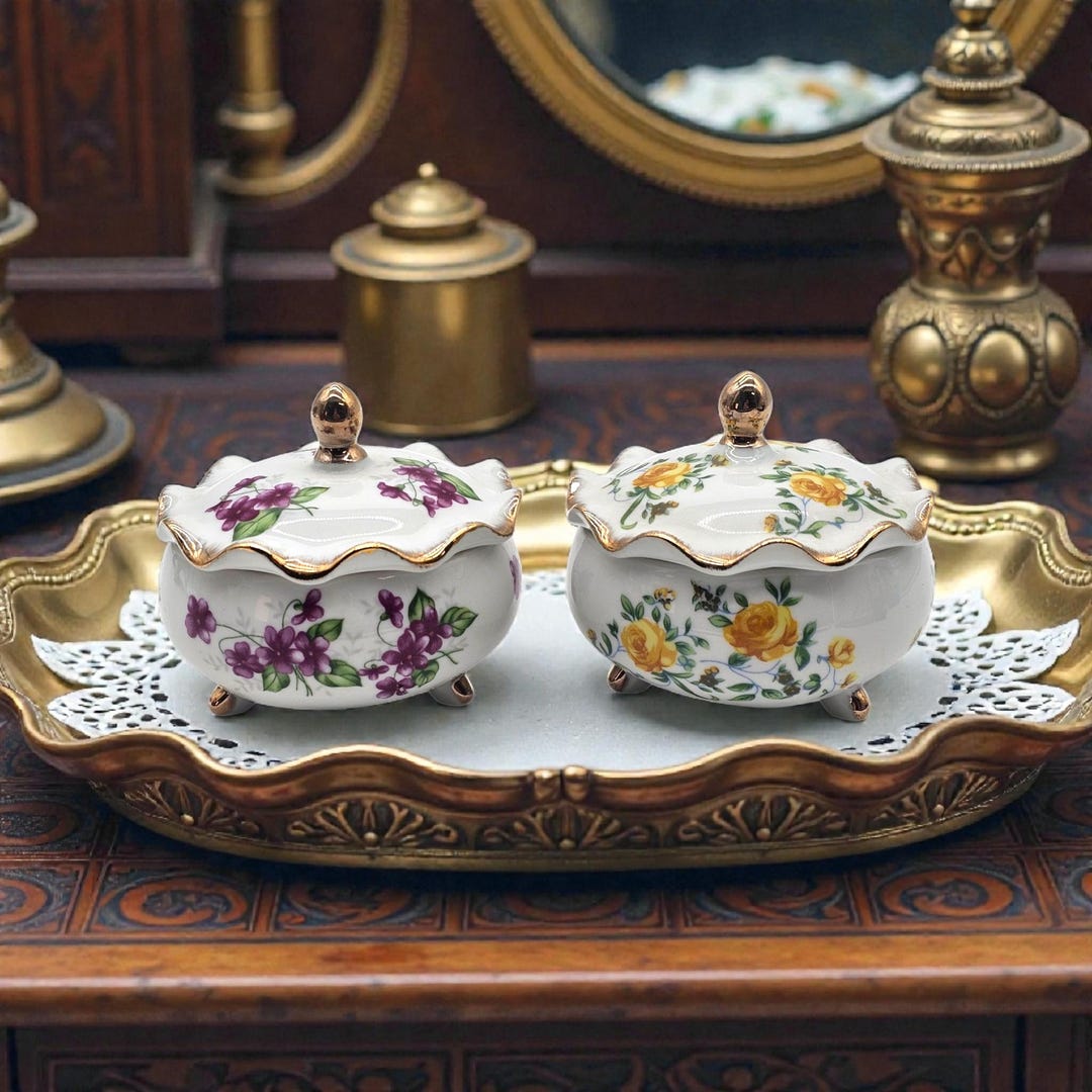 2 Piece Vintage Porcelain Trinket Boxes Footed With Ruffled Lids Yellow ...