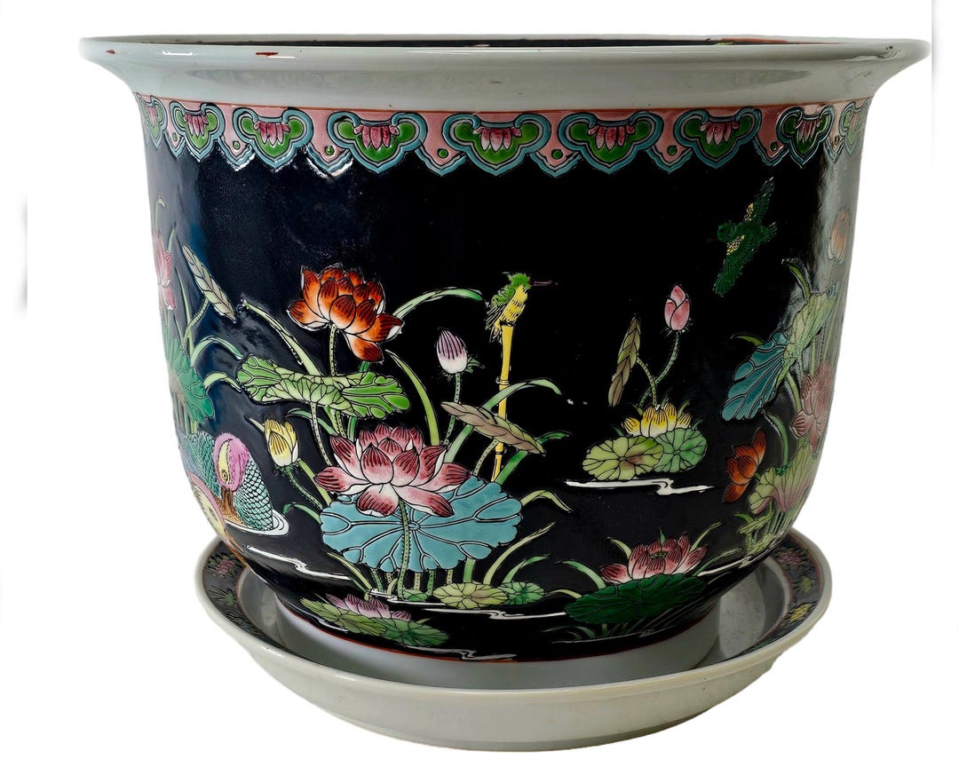 Vintage Chinese Planter, Chinese Jardinere, Famille Noir Black Planter ...