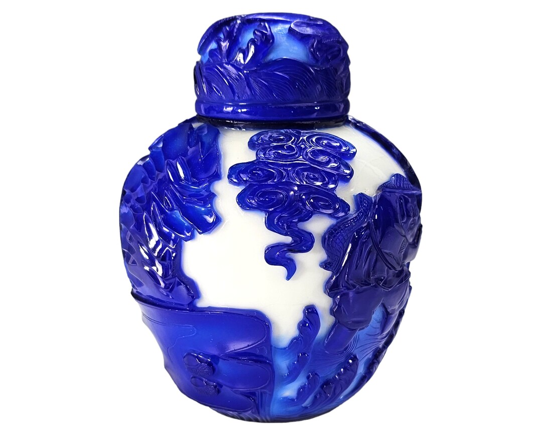 Vintage Chinese Jar, Blue & White Vase, Peking Glass Ginger Jar, Peking ...