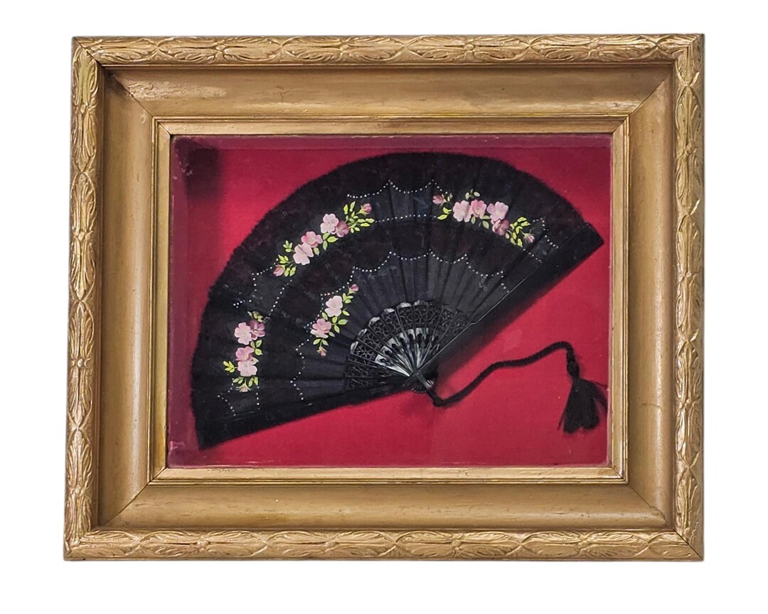 Vintage Hand-painted Italian Fan: Black Lace, Gold Gesso Frame, Floral ...