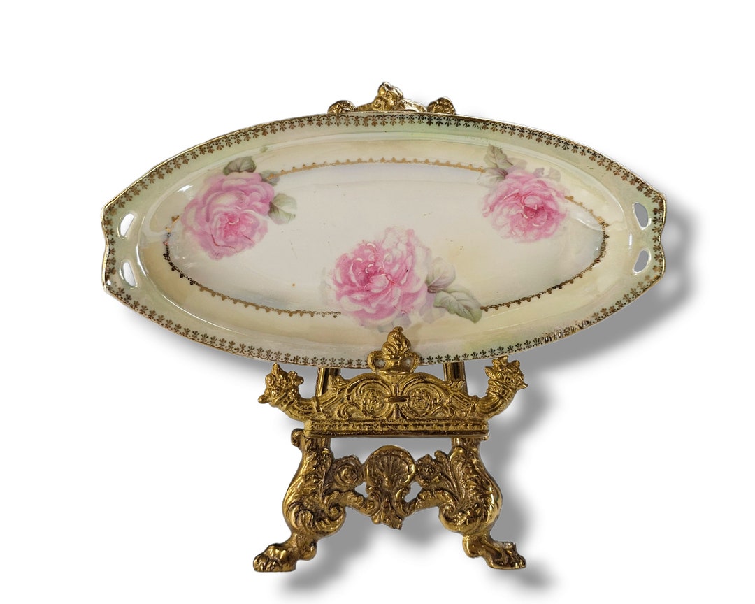 Vintage Art Nouveau Dish Rose Hand Painted Pink Green Germany Early ...