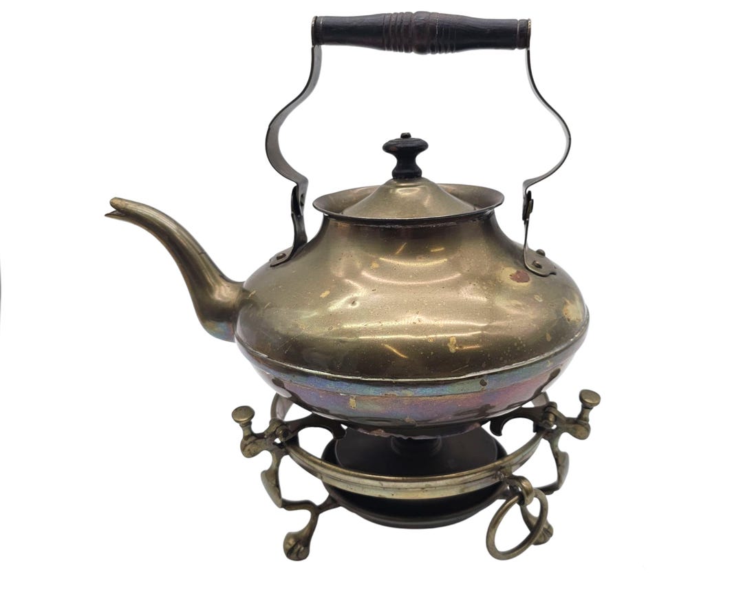 Victorian Style Brass Tea Kettle With Warmer | Footed Stand | Wood ...
