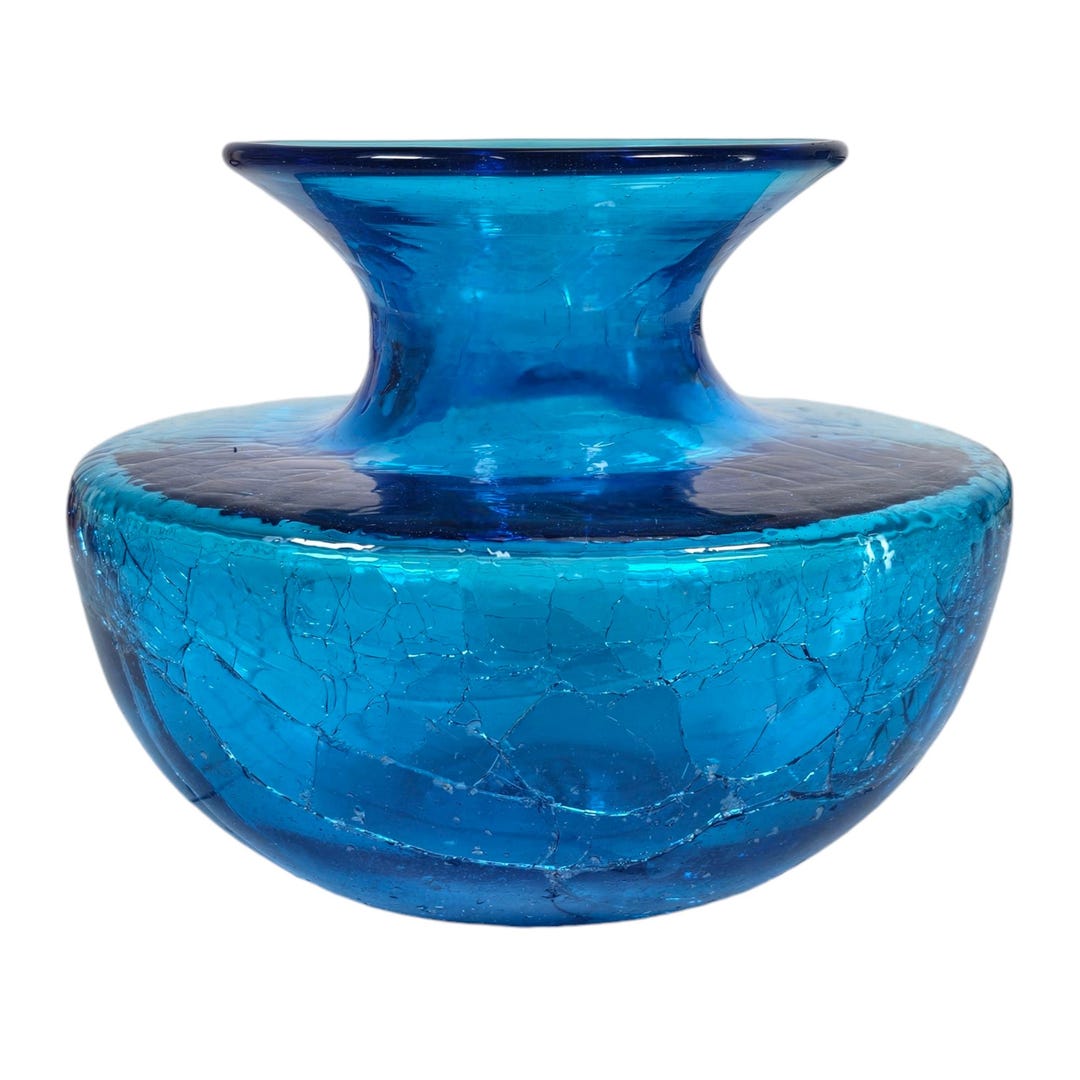 Blenko Glass Spittoon Vase Peacock Crackle 6614 Joel Myer Hand Blown 6. ...