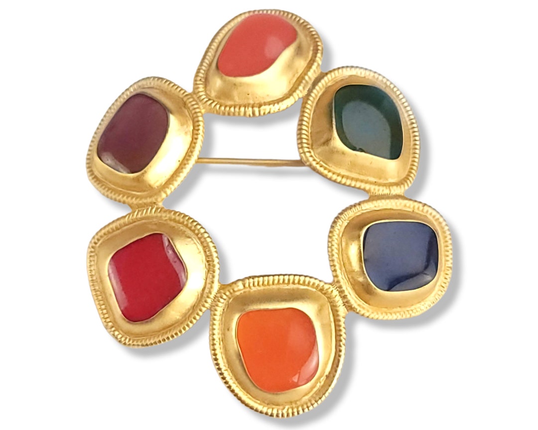 Vintage Anne Klein Brooch, Byzantine Jewels, Multicolor Brooch , Poured ...