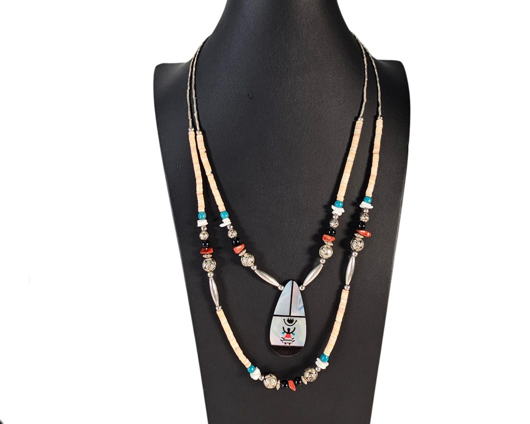 Vintage Hopi Style Mother of Pearl Beaded Necklace Agate Jet Shell 26 ...