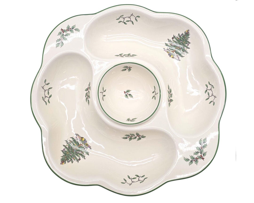 Spode Christmas Tree Divided Serving Platter With Dip Bowl - New in Box ...