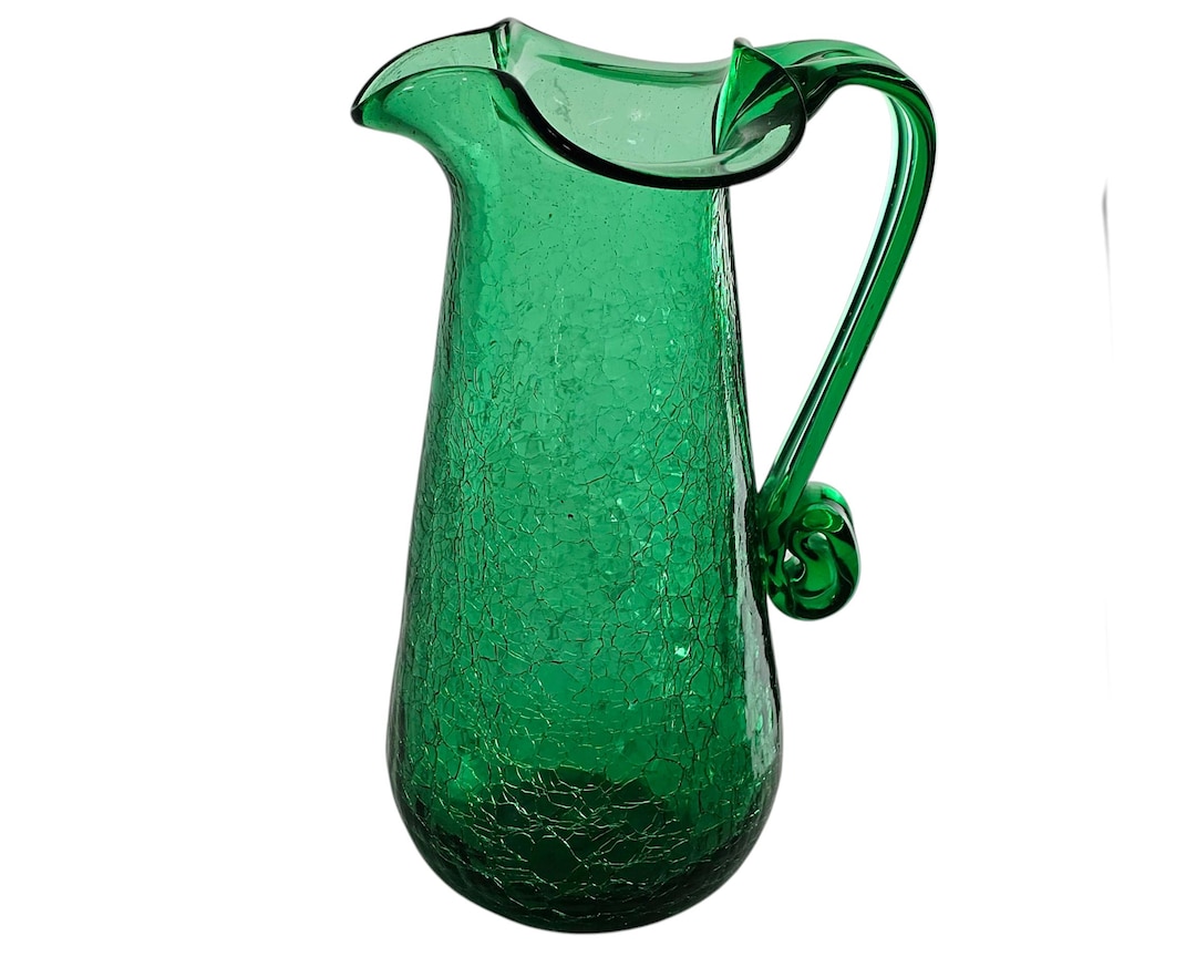 Vintage Hand-blown Rainbow Crackle Glass Pitcher, 8.5” Green Ruffle Rim ...