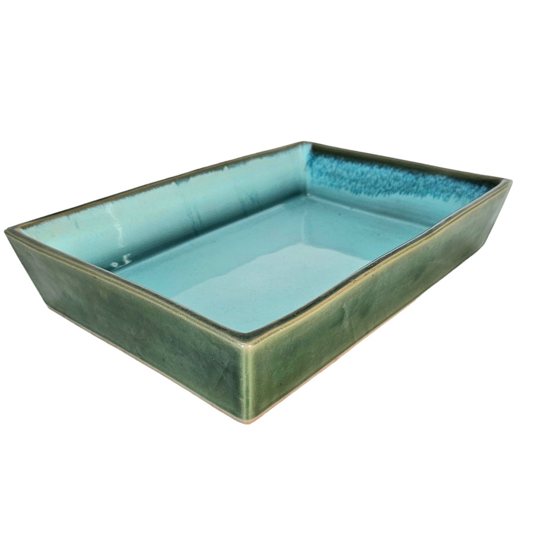 Japanese Planter, Suiban Flower Basin, Signed Green Glazed Rectangle ...