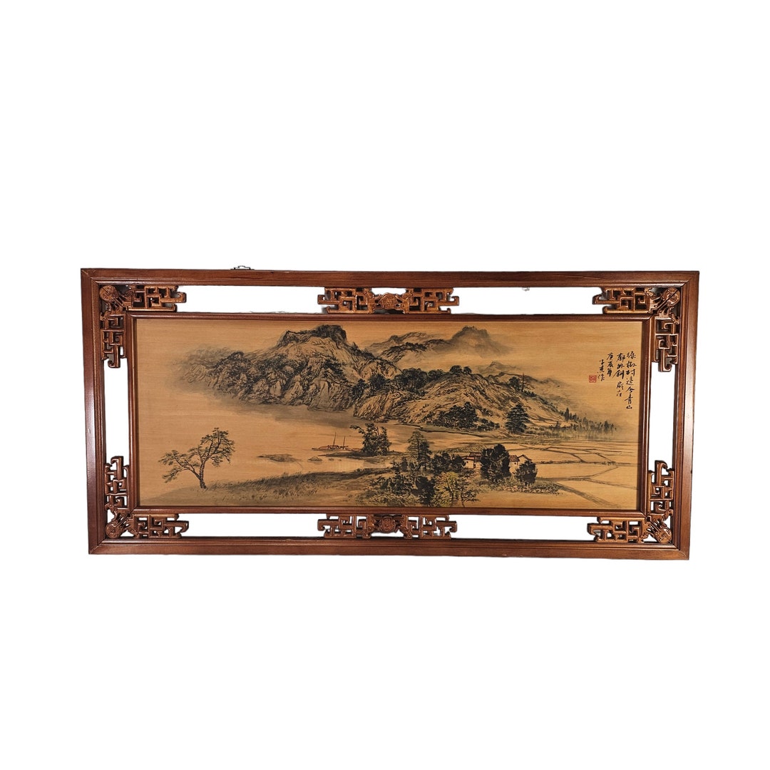 Vintage Chinese Landscape, Hand Painted Landscape, Carved Frame ...