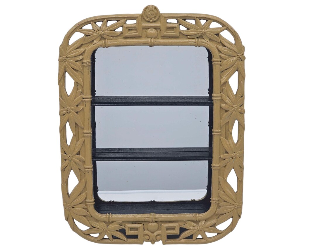 Antique Chinese Bamboo Wall Mirror Cabinet: Carved Wood Display Shelf ...