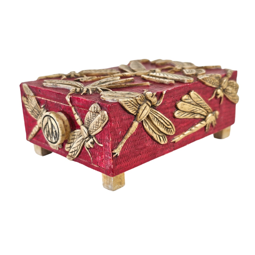Vintage Carved Soapstone Box, Dragonfly Trinket Box With Drawer, Red ...