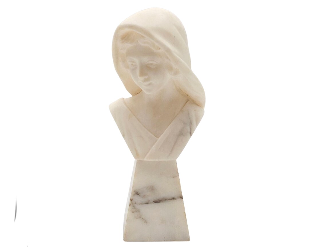 Vintage 1920s Alabaster Woman Bust on Marble Base Hand Carved Italian ...