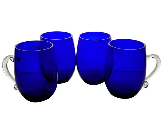 Cobalt Blue Glass Coffee Mugs Clear Applied Handles Set Of 4 Etsy