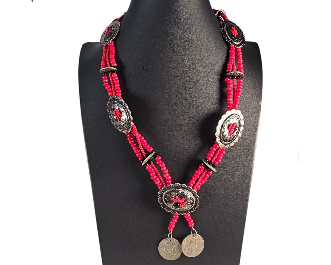 Vintage Handmade Santa Fe Style Concha Coin Necklace Red Seed Beads 20 ...