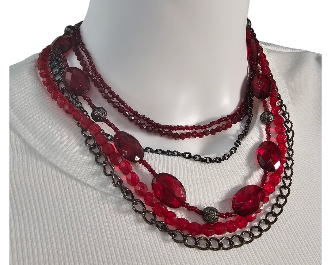 Vintage 6-strand Necklace, Red Crystal Necklace, Faceted Beaded ...