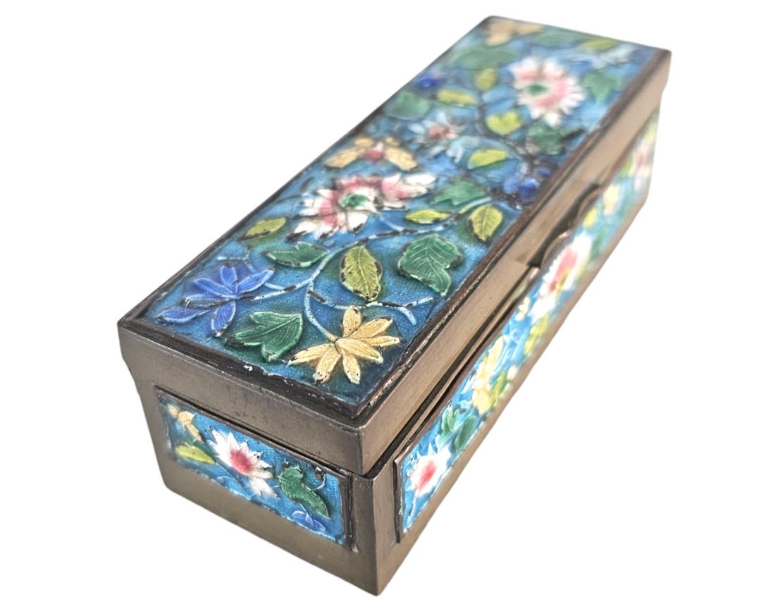 Antique Chinese Enamel Box | Floral Champlevé Brass Trinket Box - Etsy