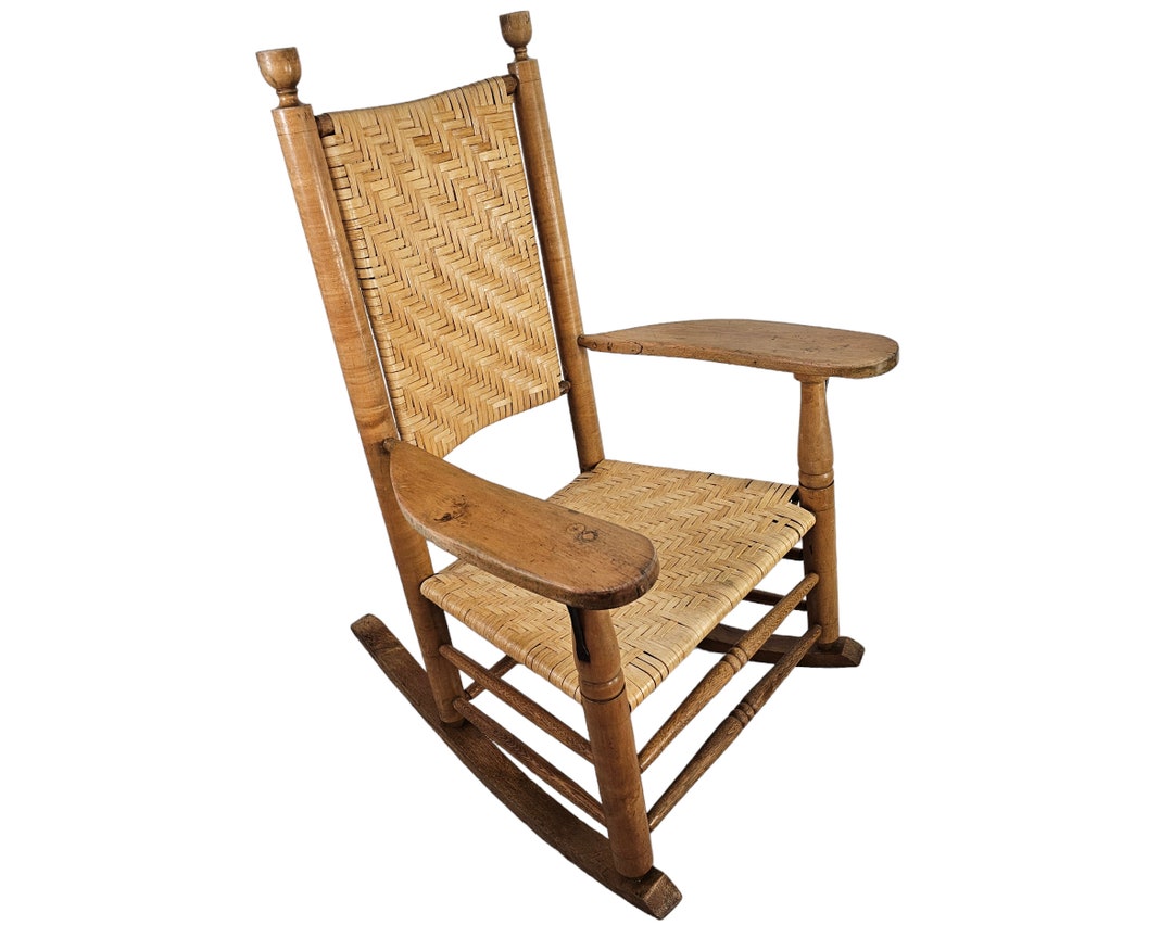 Antique Chair, Large Paddle Arm Oak Chair, Porch Rocking Chair Rush ...