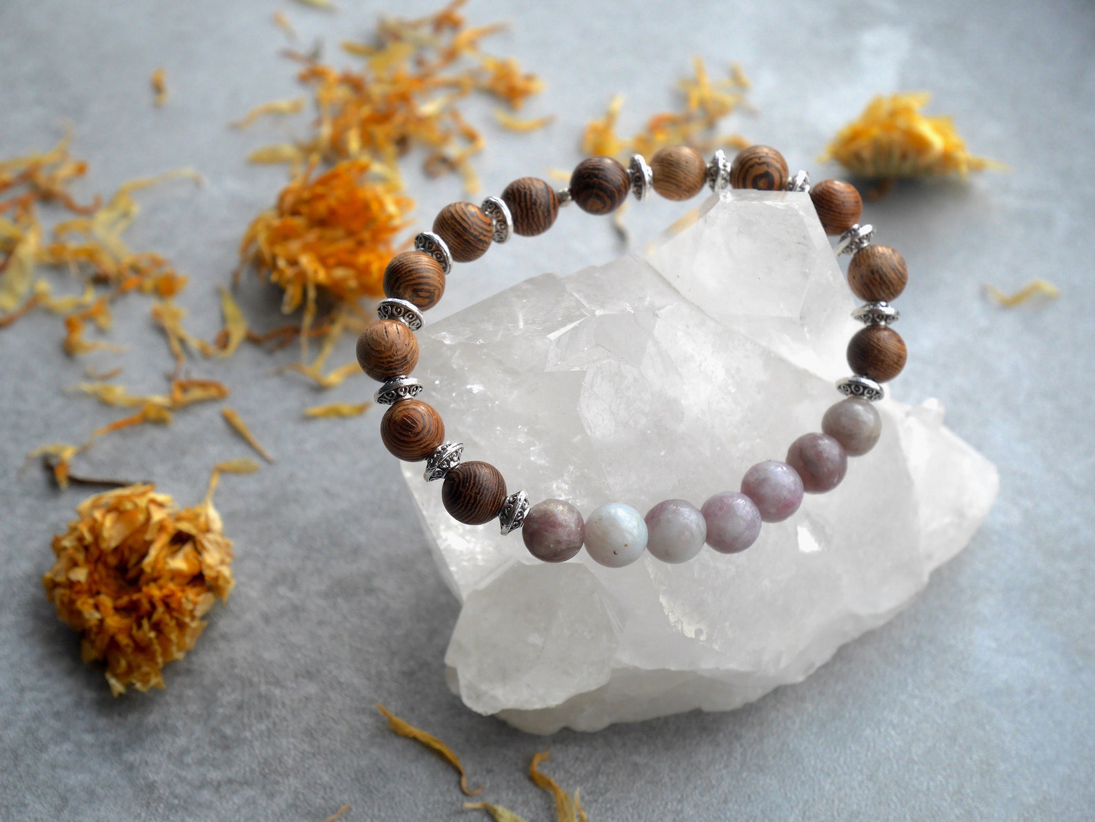 8mm Lavender Lilac Quartz and Wood Natural Gemstone Stretch - Etsy