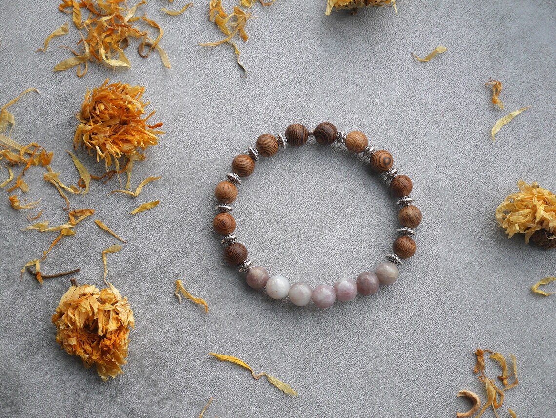 8mm Lavender Lilac Quartz and Wood Natural Gemstone Stretch - Etsy