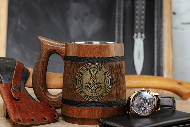 Thor Hammer Personalized Mug, Mjolnir Viking Gift, Wooden Beer Tankard ...