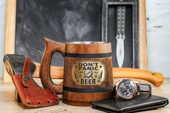 Don't Panic and Drink Beer Wooden Mug Gift for Beer - Etsy