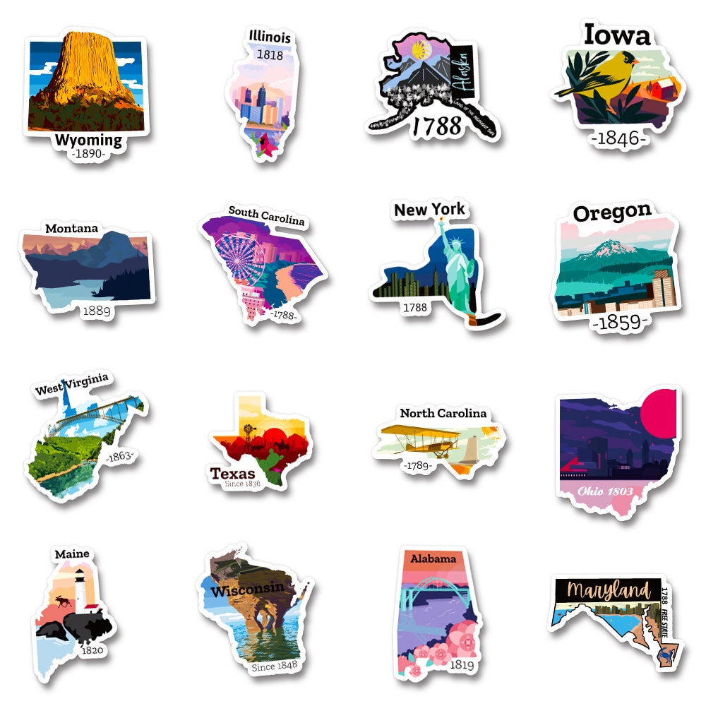 50 Pcs Every USA State Stickers Package for Suitcases, Bags, and a Lot ...