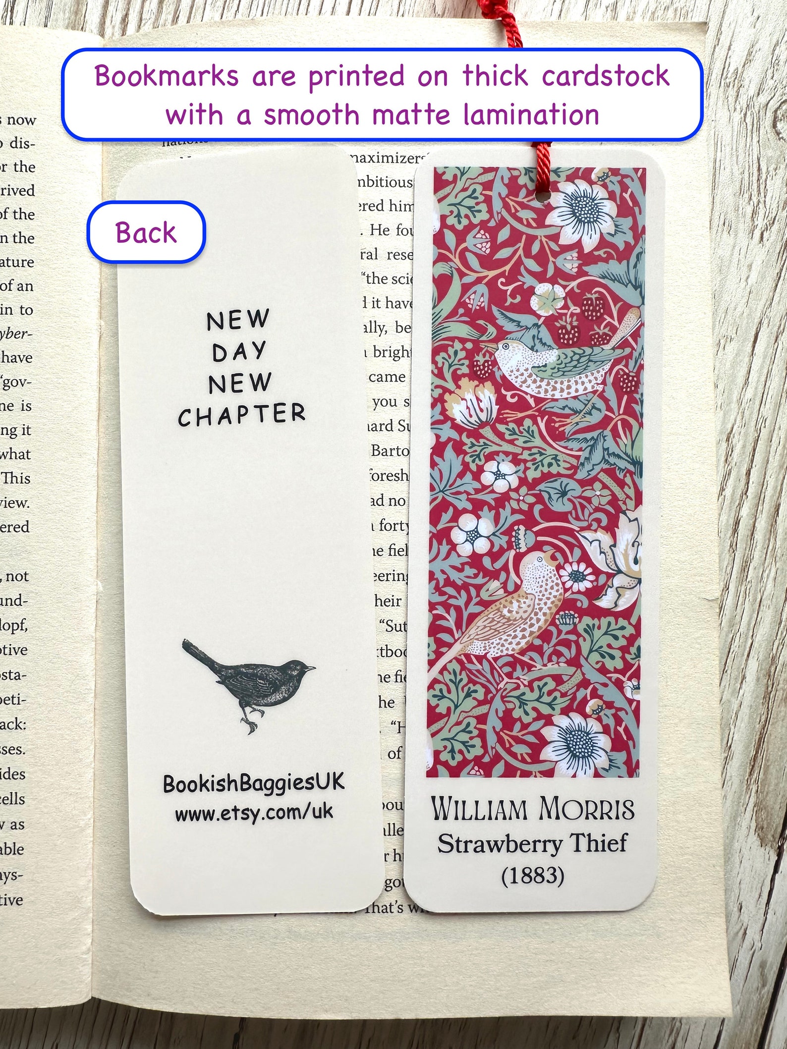 William Morris Strawberry Thief in Red Bookmark, Double-sided ...
