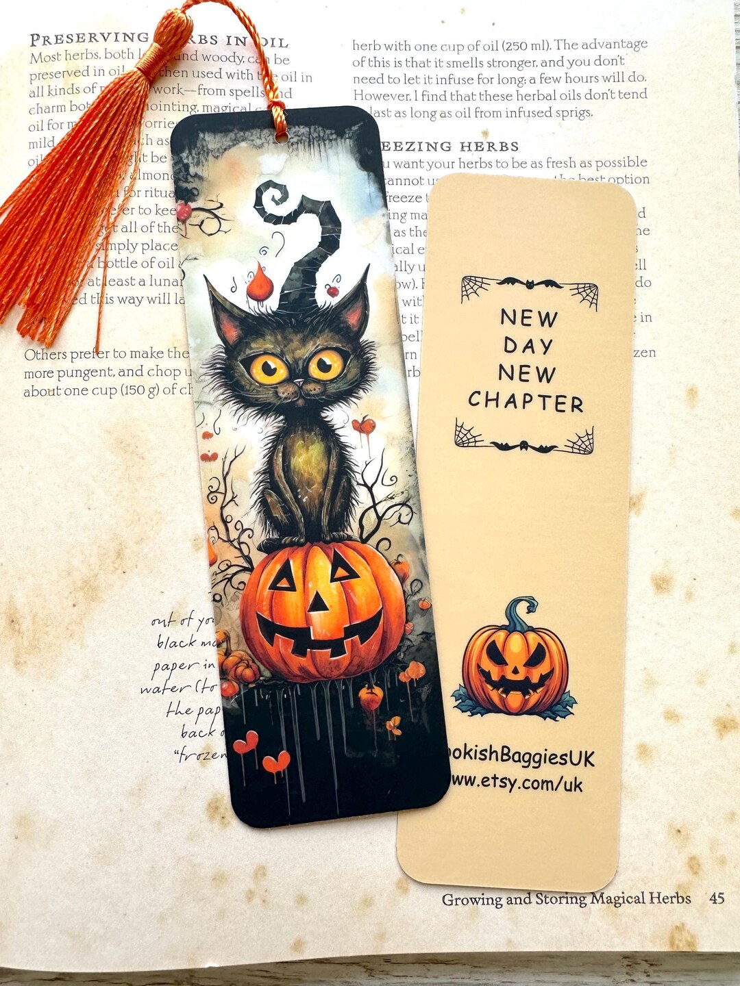 Black Cat and Pumpkin Bookmark, Double-sided, Laminated, Halloween ...