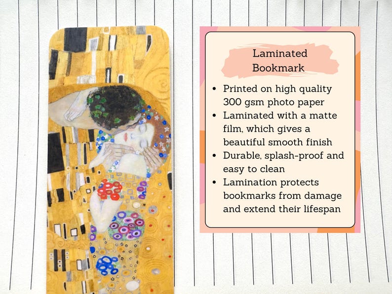 Gustav Klimt the Kiss Bookmark, Double-sided, Laminated, Book Lover ...
