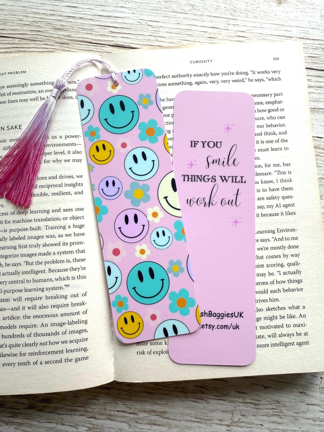 Smiley Face on Pink Bookmark, Double-sided, Laminated, Book Lover Gift ...